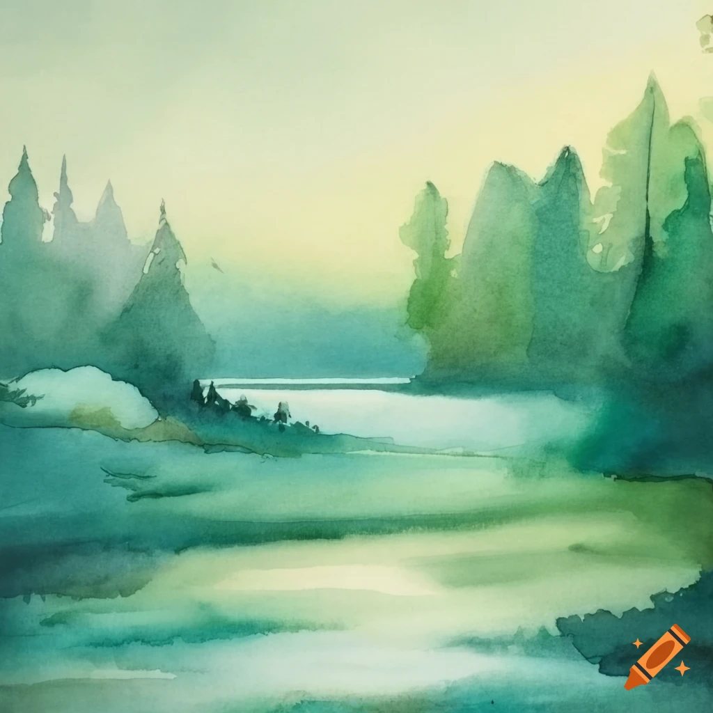 Sage green landscape calm watercolor painting on Craiyon