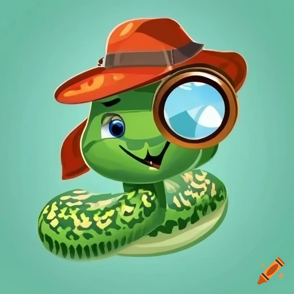 A cute cartoon python wearing a sherlock holmes hat looking through a ...