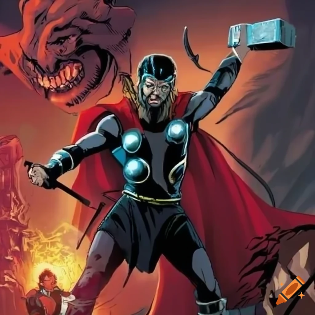 Thor confronting a villain with his hammer on Craiyon