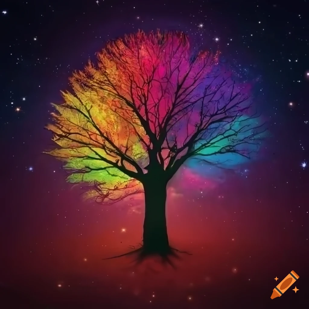 A tree standing in outer space with rainbow leaves with stars around ...