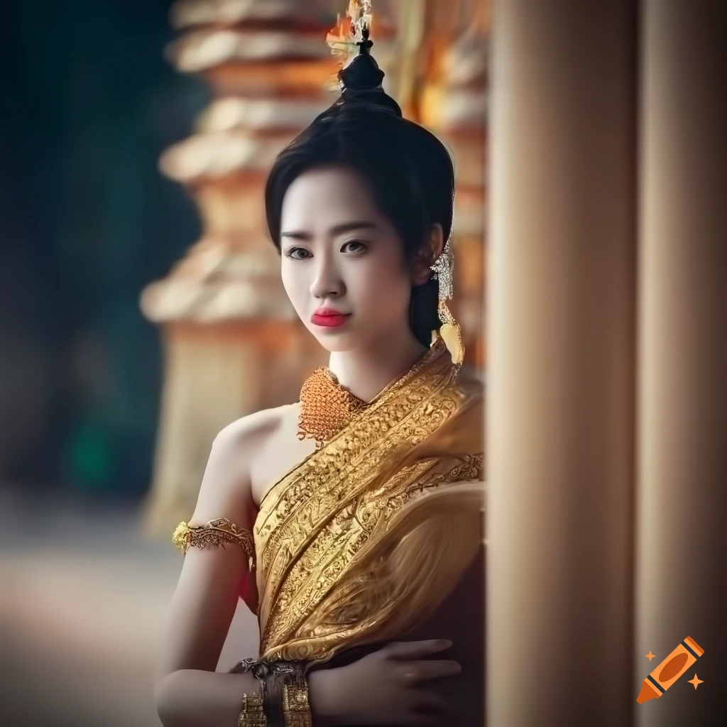A beautiful woman standing in traditional thai clothing in a temple. 8k hyper photography