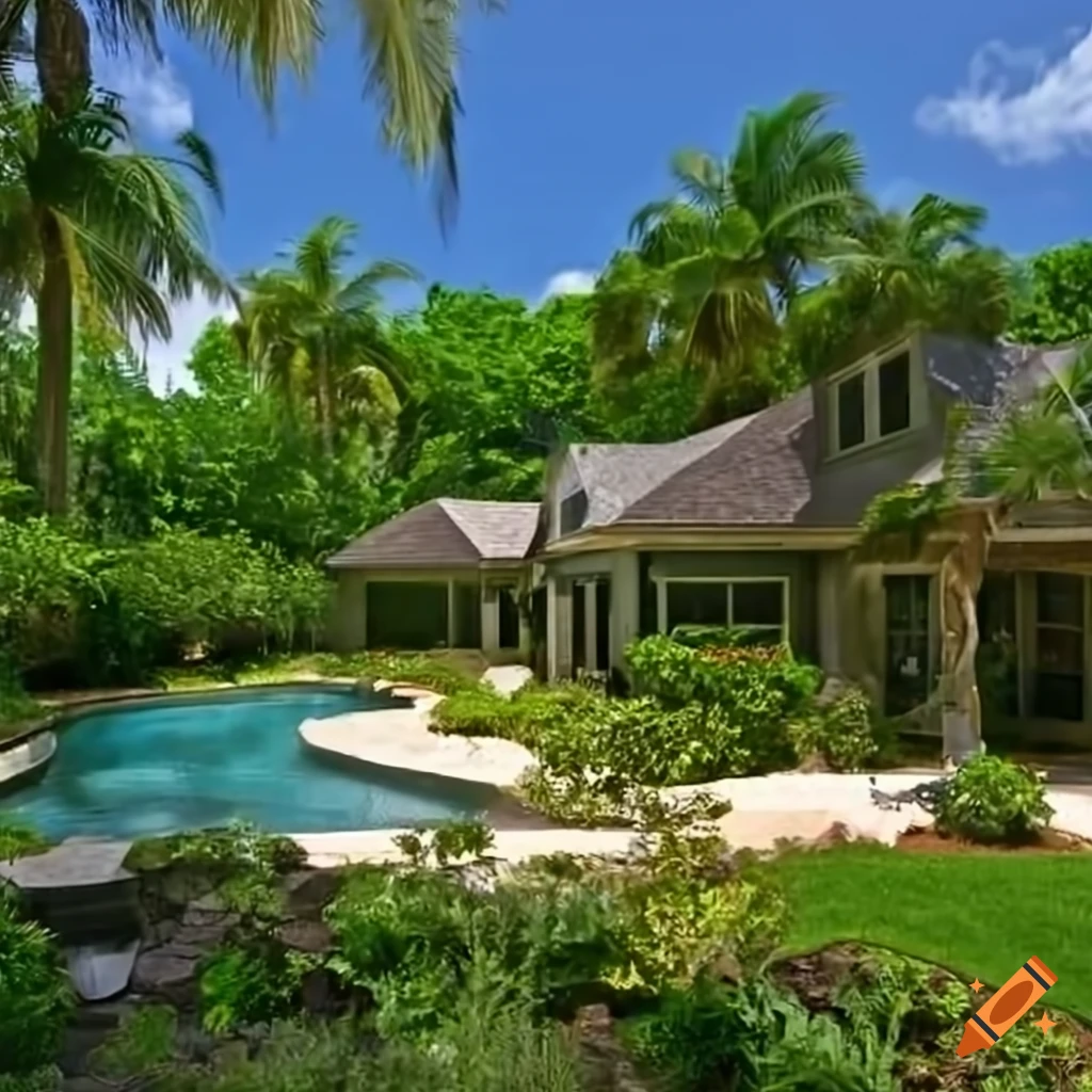 A key west style ranch house, lush tropical landscaping, oak forest and ...