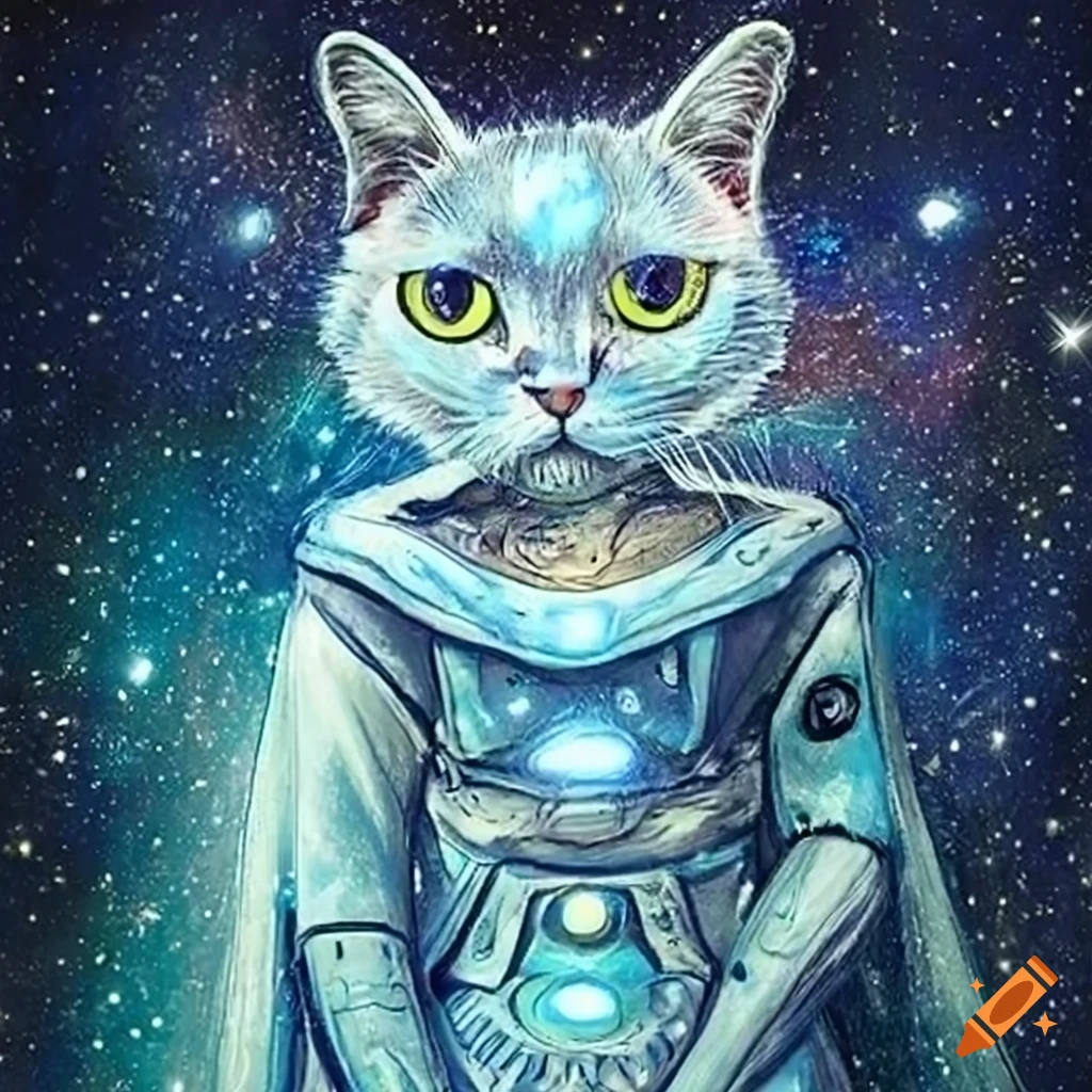 Imagine a cosmic and mysterious setting where an adorable cat is lost ...