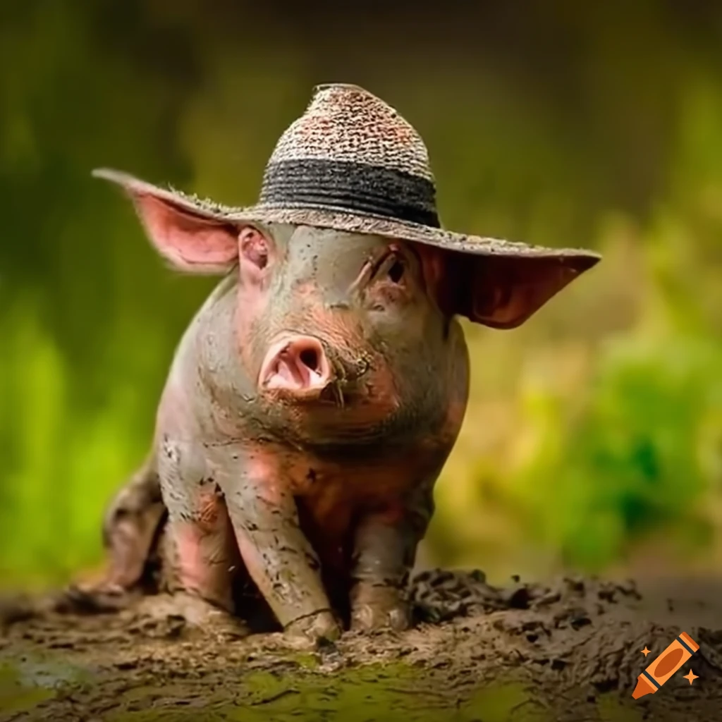A mud-covered pig chilling in the sun wearing a hat on Craiyon