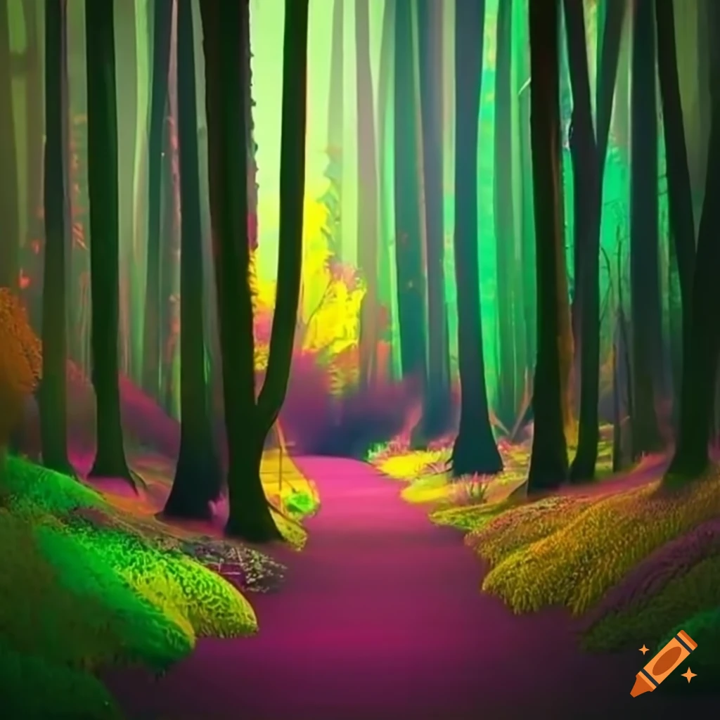 A magical forest with different colors at daytime