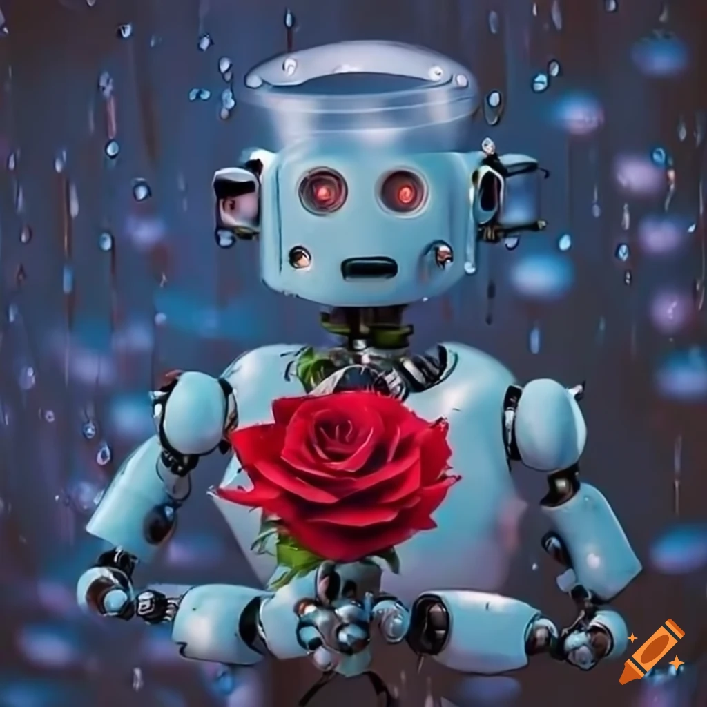 Heartbroken robot holding red roses in the rain blue flowers on Craiyon