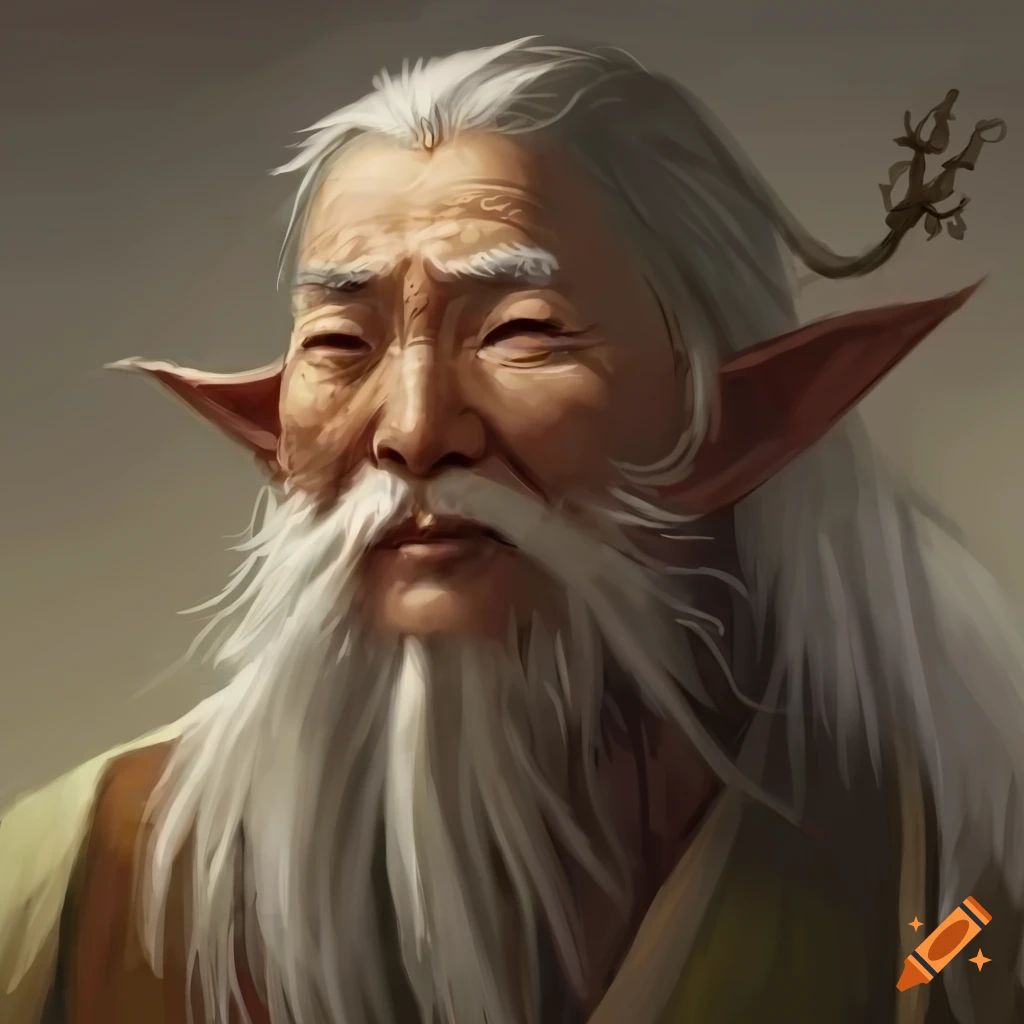 Elderly asian elf male with a long beard wearing traditional japanese ...