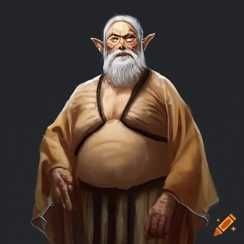 Fat elderly asian elf male with a long beard wearing traditional ...