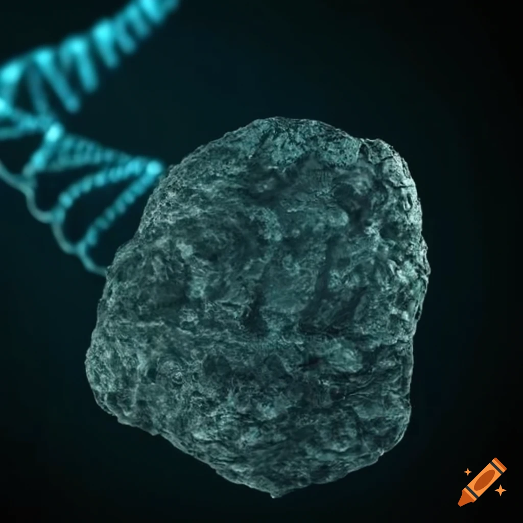 A photo where a rock sample is digitalized in 3D with DNA chains in the ...
