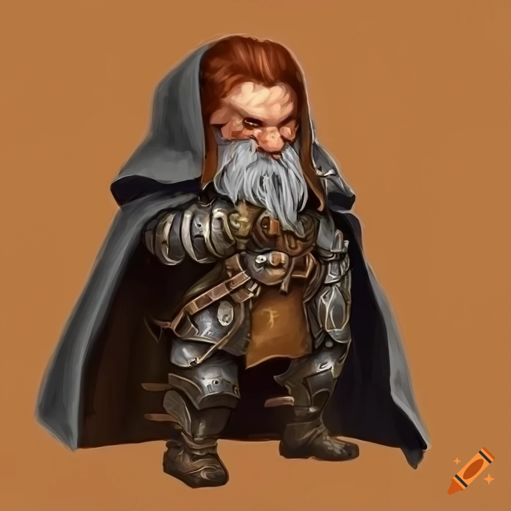 Dwarf with amber hair wearing a dark grey cloak and leather armor