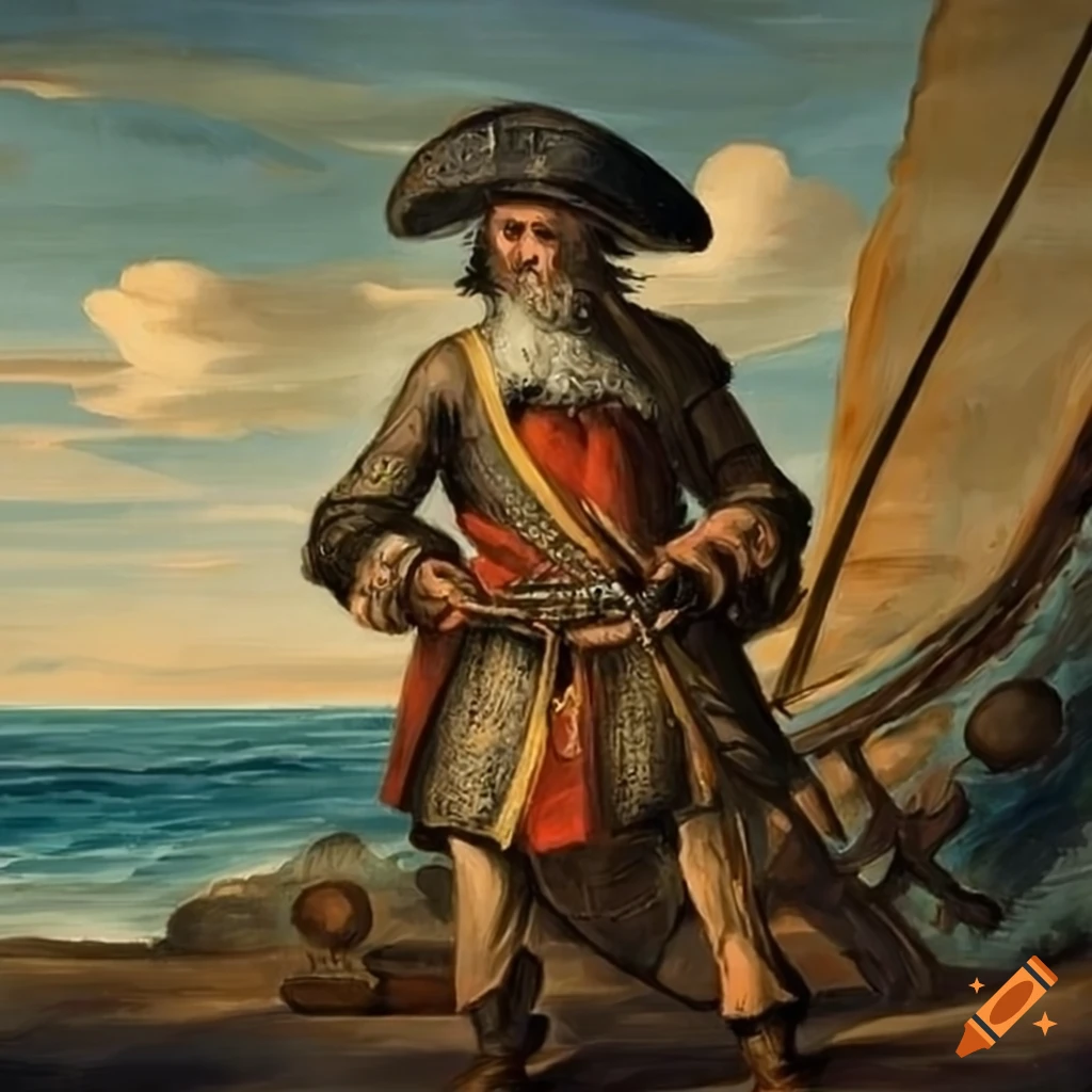 Smug 16th-century pirate, set against the ocean, painted in the style ...