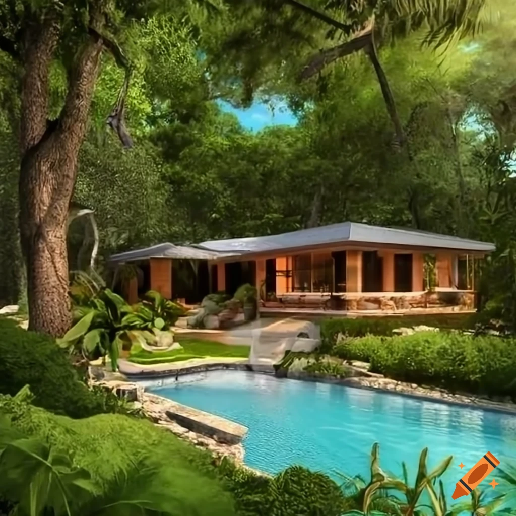 A key west style ranch house, lush tropical landscaping, oak forest and ...