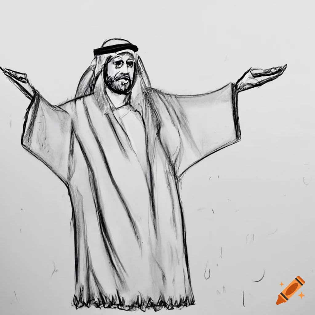 Draw a sketch for an arab man with his hands raised up under the drops ...