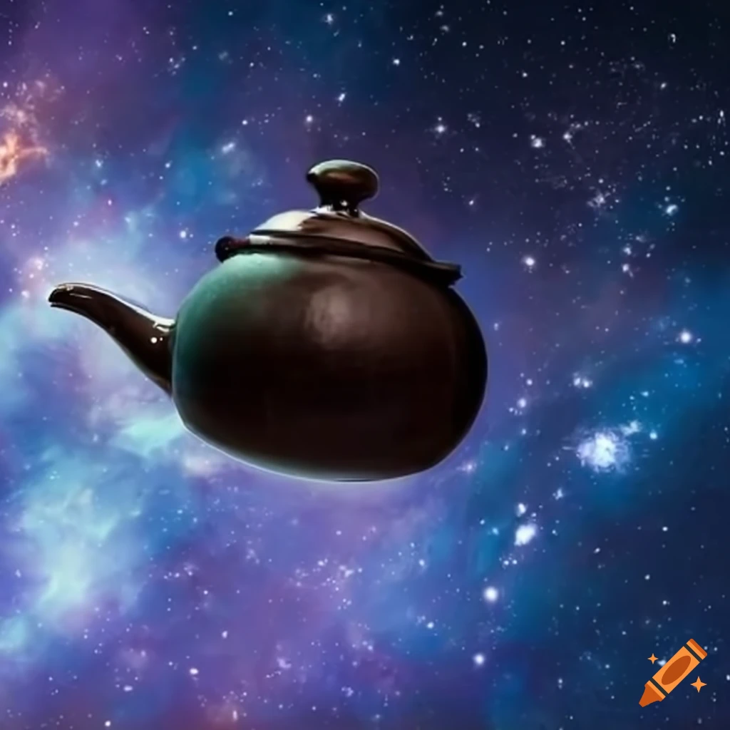 A tea pot flying in space on Craiyon