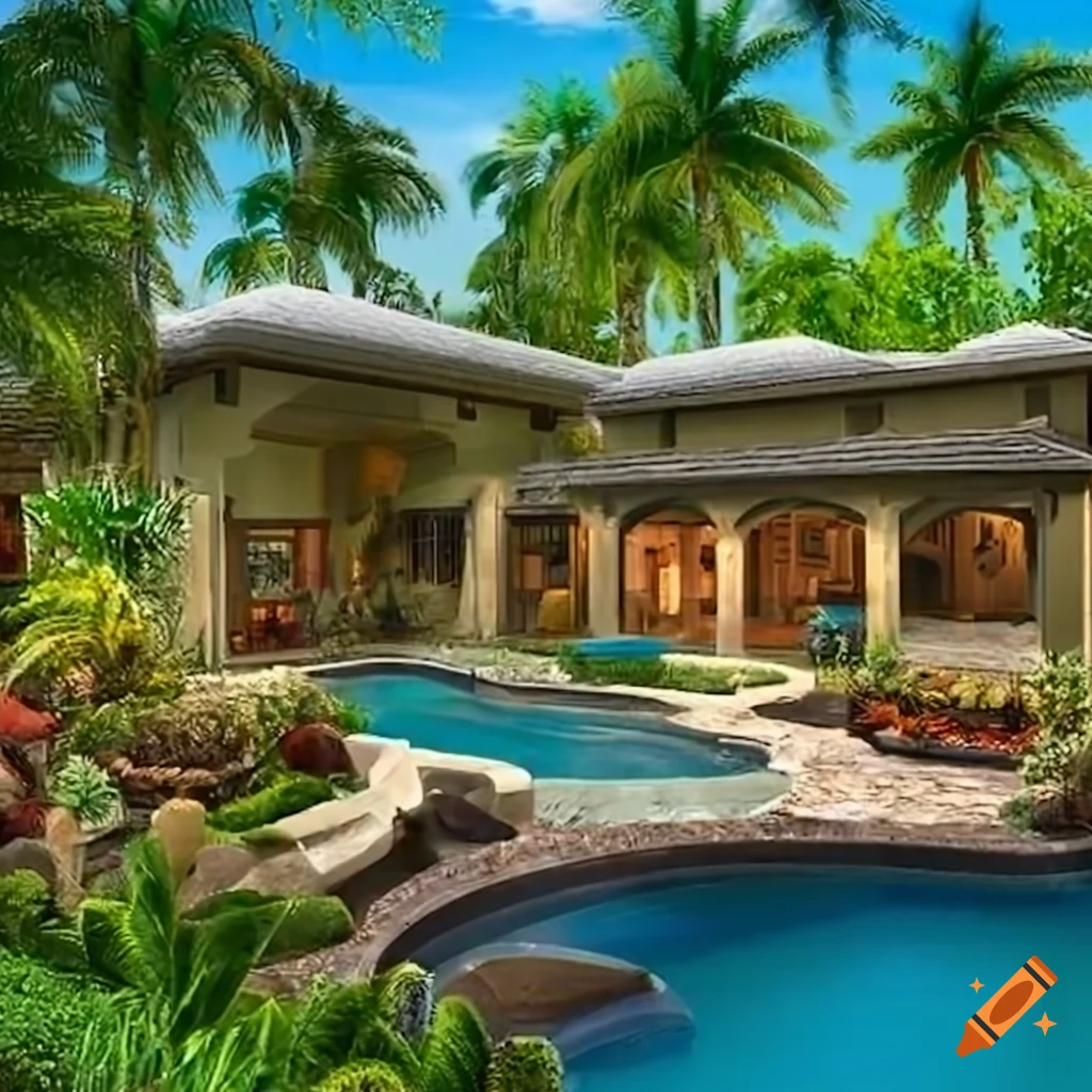 A key west style ranch house with wrap around porch, lush tropical ...