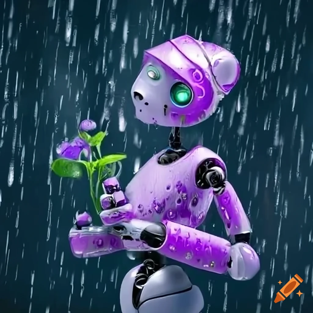 Heartbroken robot holding violet flowers in the rain on Craiyon