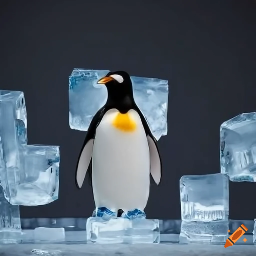 A penguin sculpture made of ice blocks