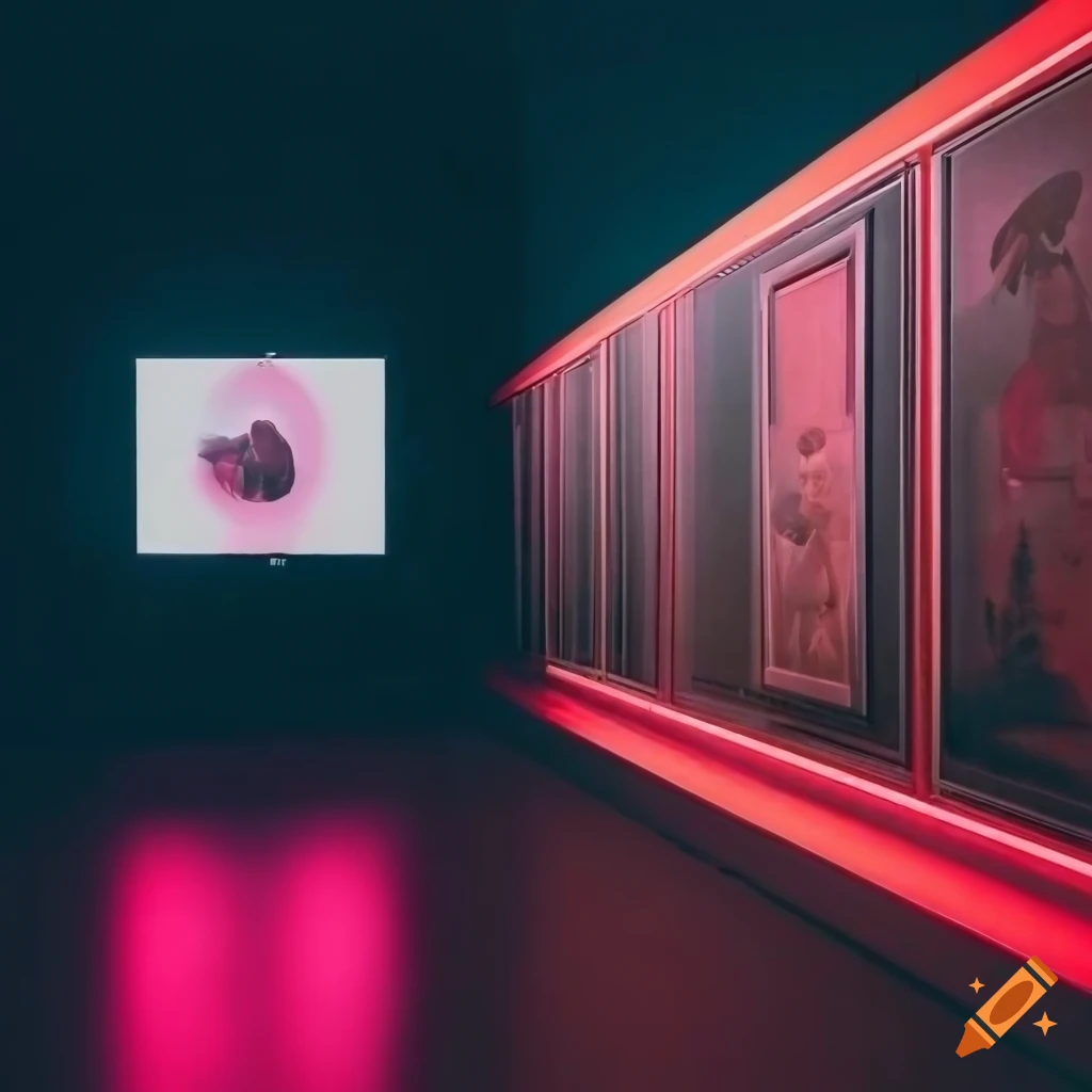 A room inside of a museum illuminated only by red ribbon led lights on ...