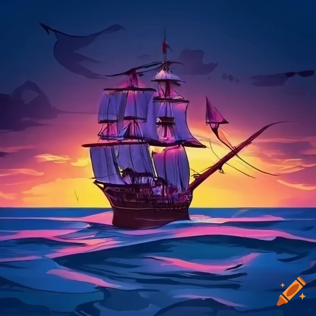 A galleon ship sailing on the sea at sunset, action pose, comic book ...