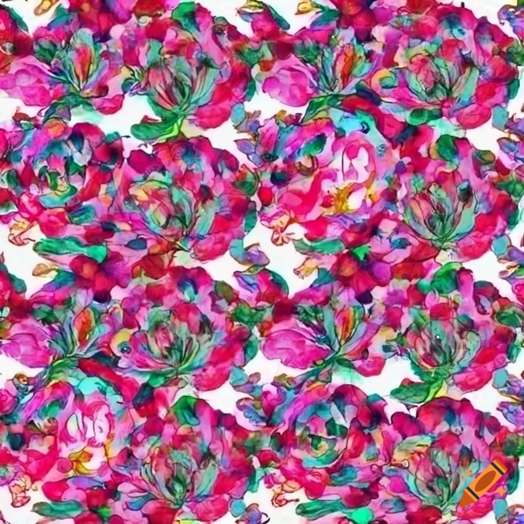 Seamless, repeating floral pattern, vivid colors, black outline ...