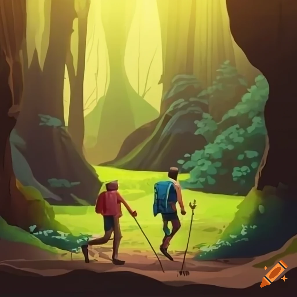 Hiking in fontainebleau cartoon realistic style