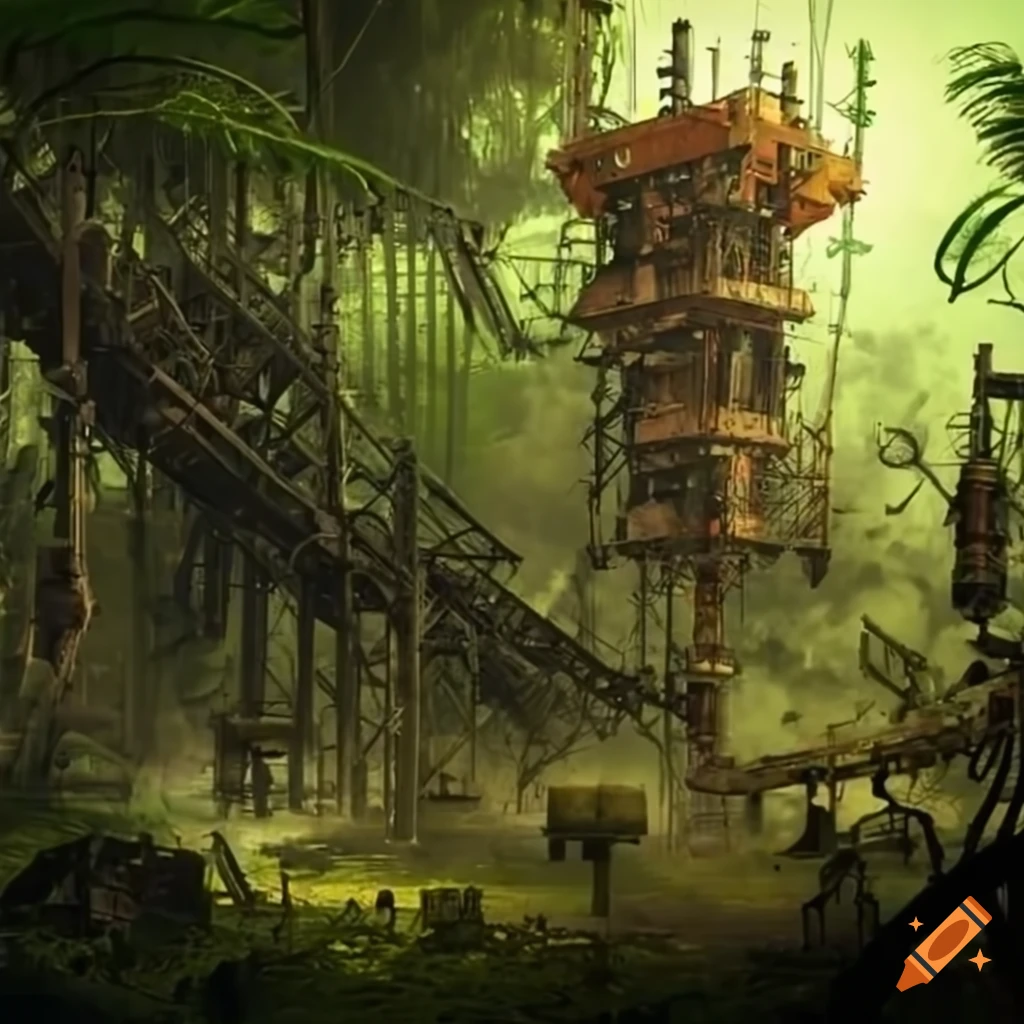 A array of steampunk drilling rigs in the jungle