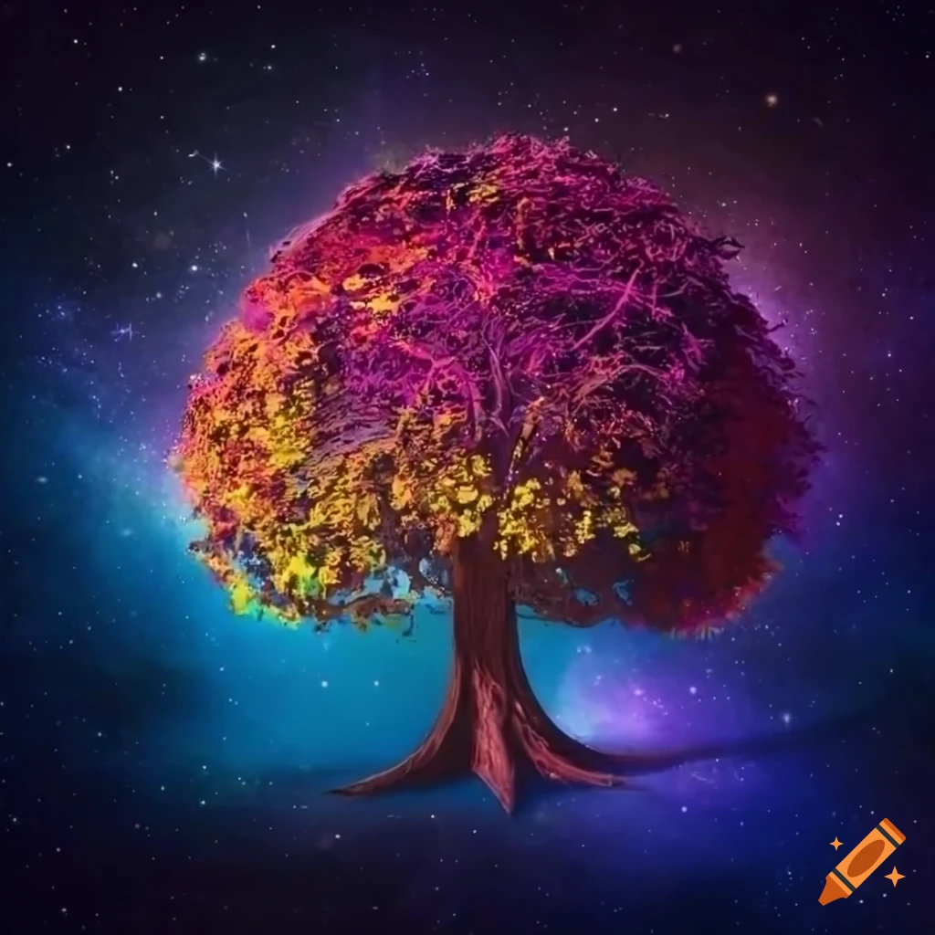 A tree standing in outer space with rainbow leaves with stars around ...