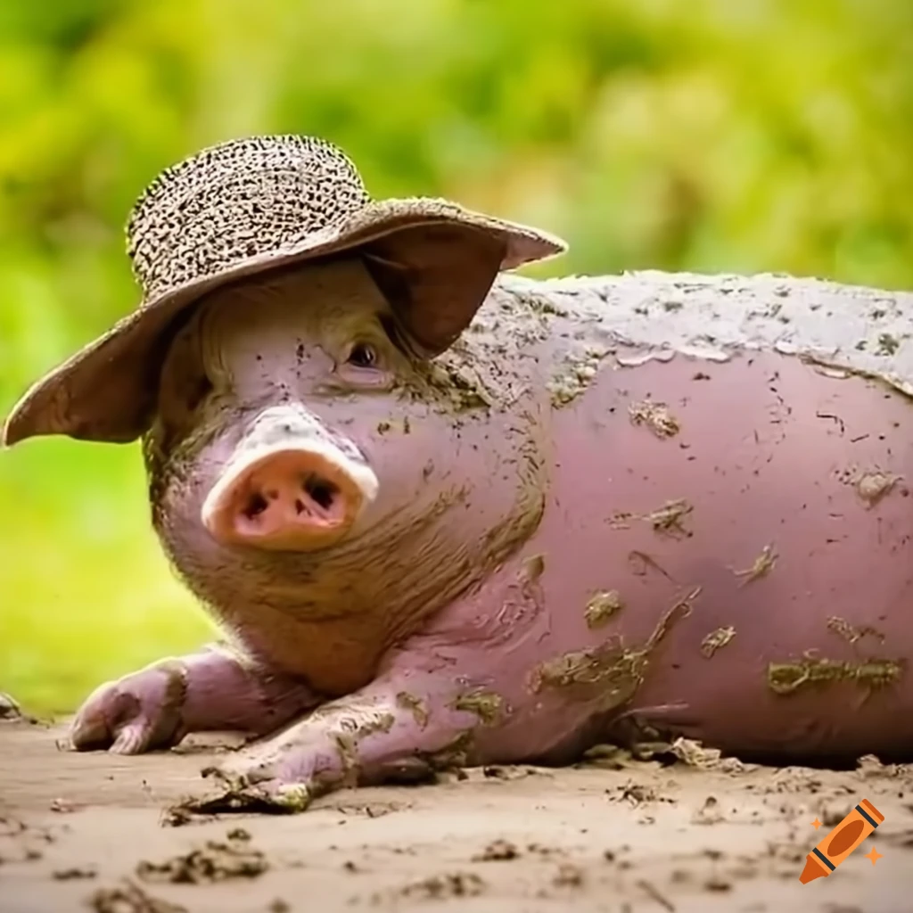 A mud-covered pig chilling in the sun wearing a hat
