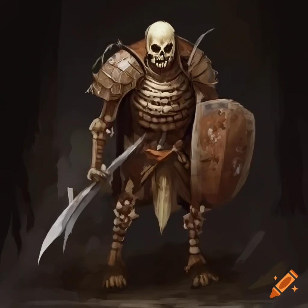 High quality d&d monster art. a skeleton warrior wearing barbaric rusty ...