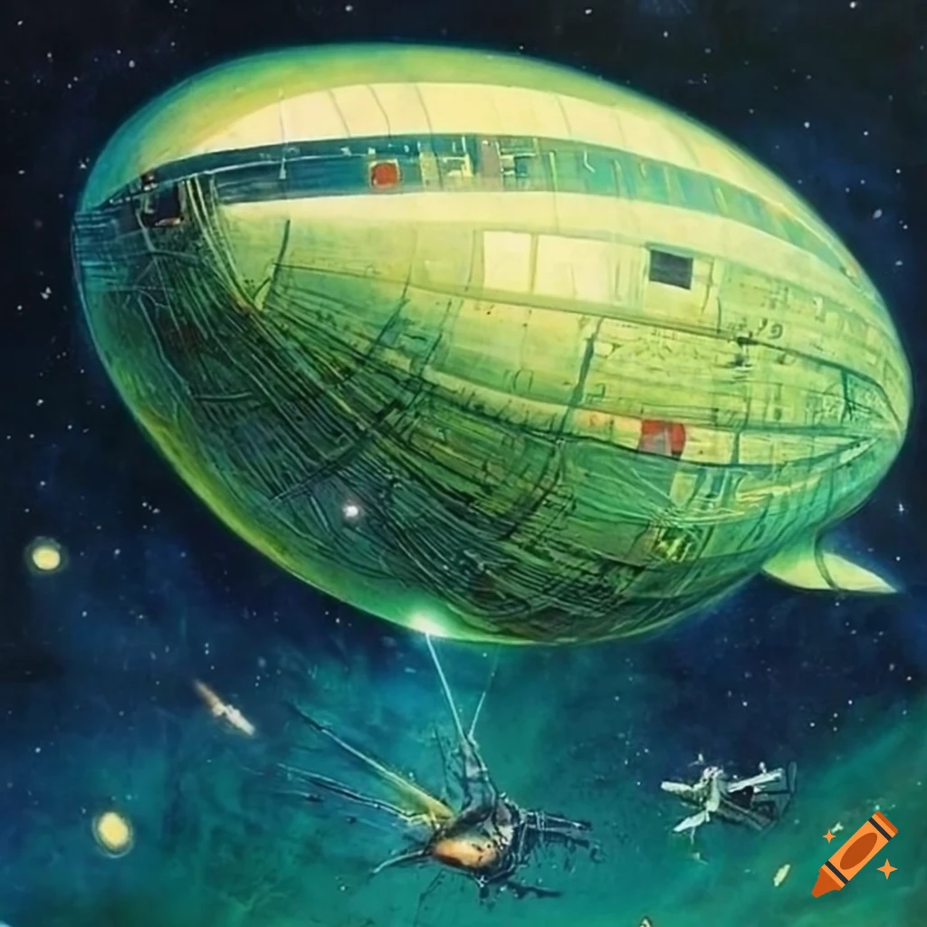 70s sci fi green zeppelin art on Craiyon