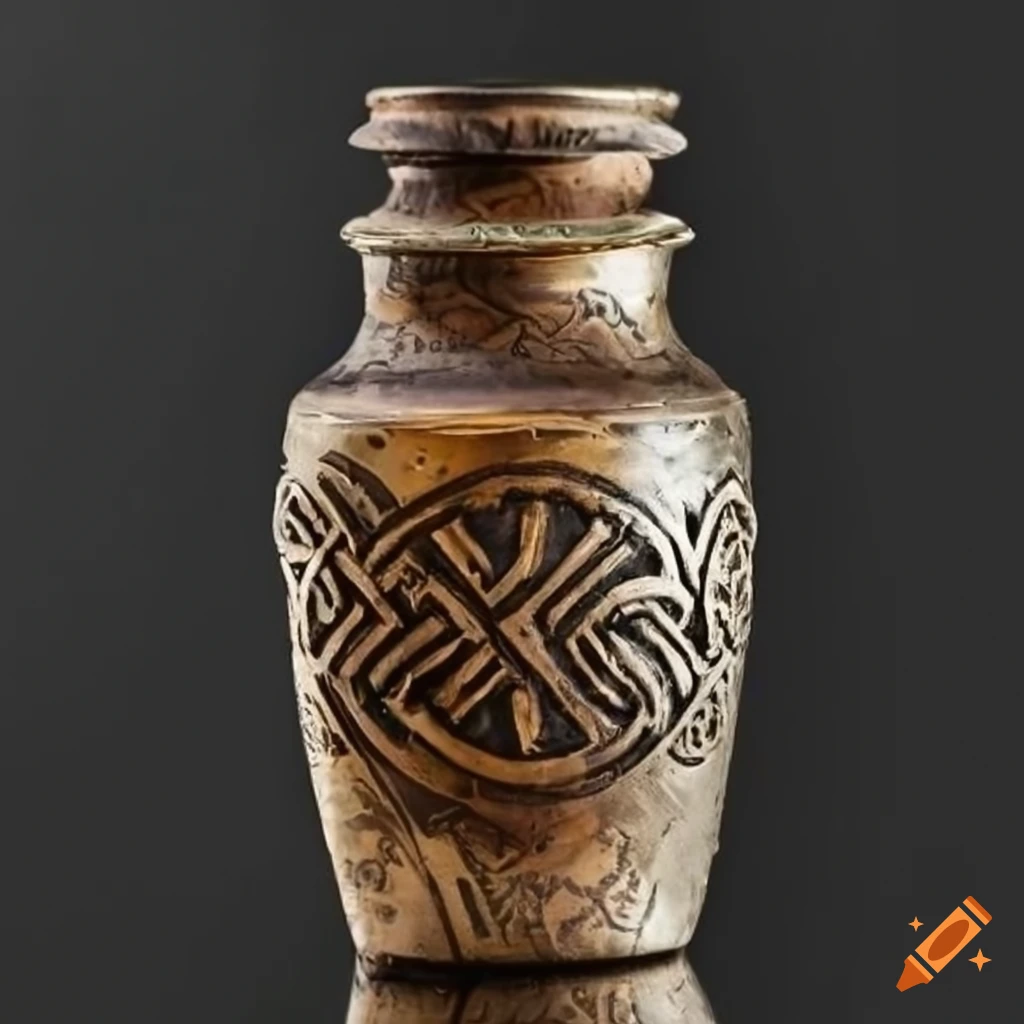A ritual celtic jar with engraved symbols floating on a deep black ...