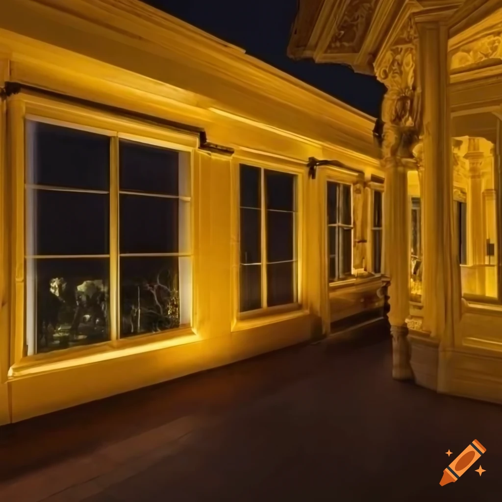 Night view of the interior of a large octagonal yellow lit veranda with ...