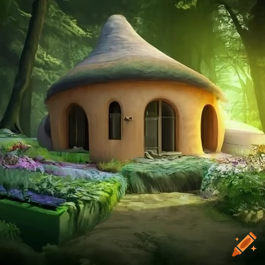 Digital art of a woodland cob house with garden beds