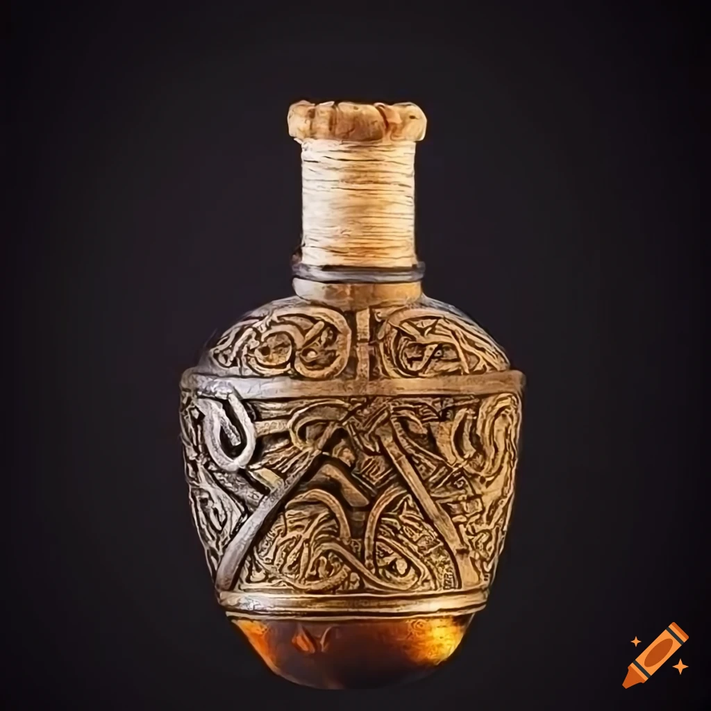A ceremonial celtic potion with engraved symbols floating on a deep ...