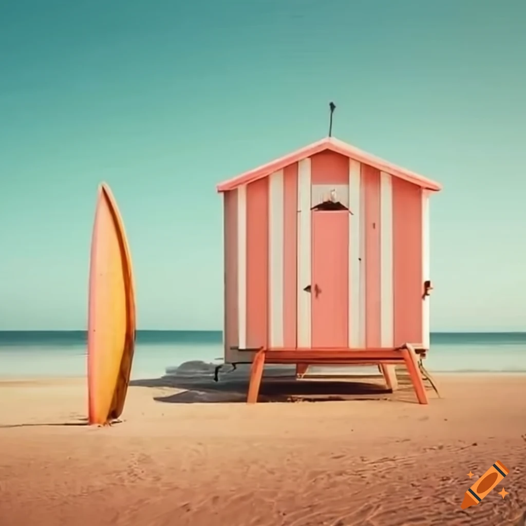 A beach hut with surfboards and a camper by the ocean