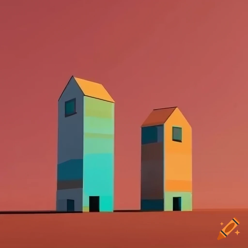 Geometric minimalist landscape with earthy colours, two grain elevators ...