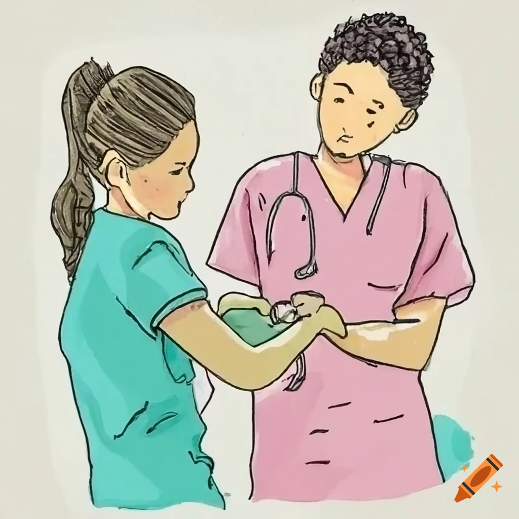 A drawing of a doctor caring for a patient. uses green on Craiyon