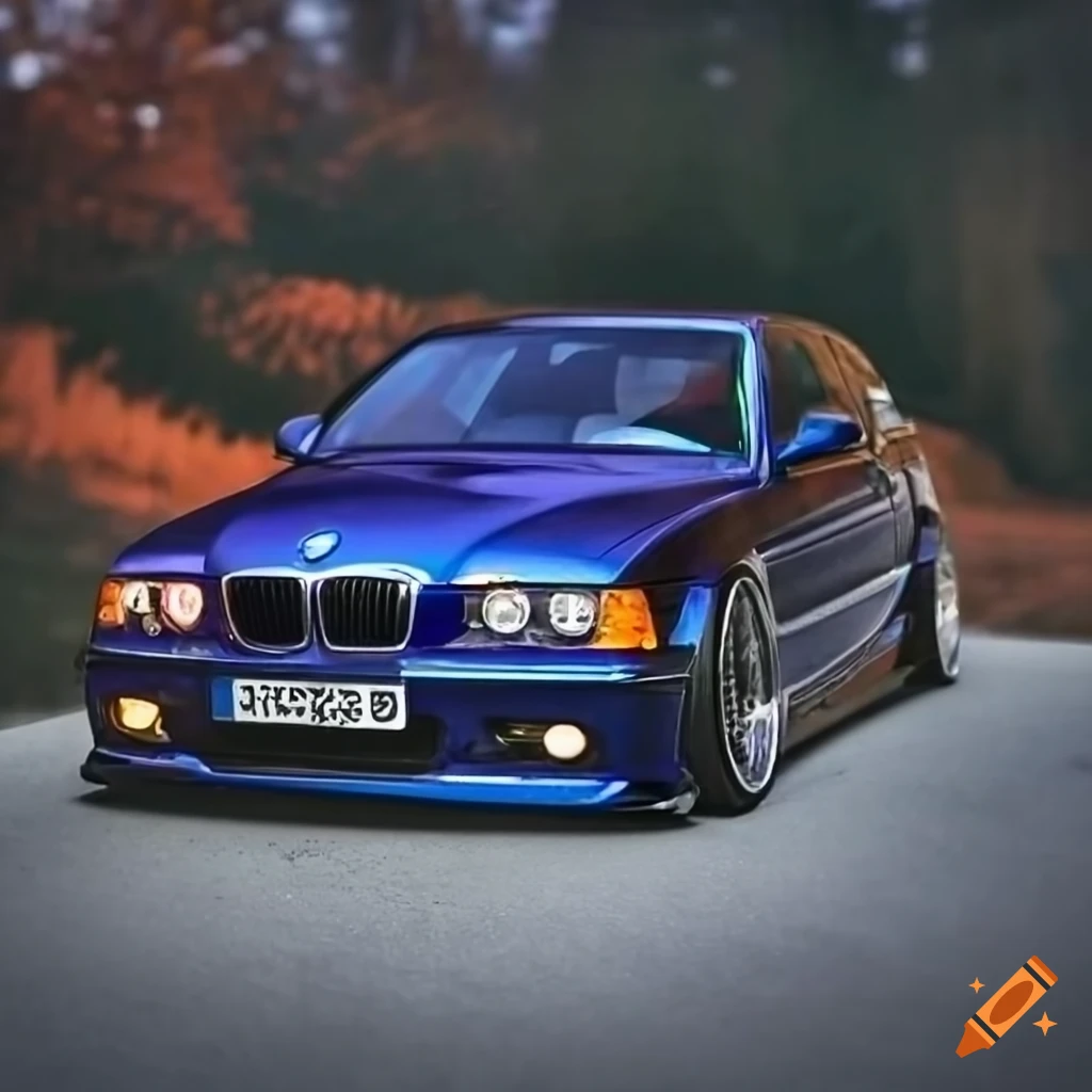 A dark blue bmw e36 with full body kit next to a black golf 4 gti with ...