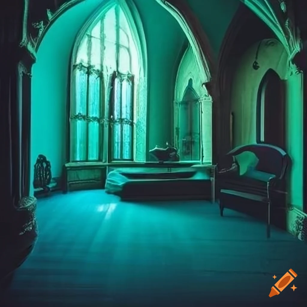 Castle interior cozy dim blue green