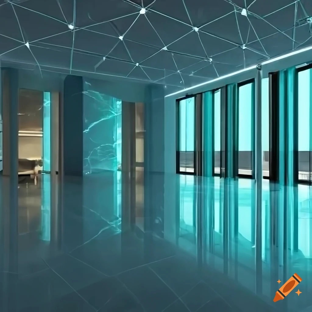 A huge empty liminal marble office lobby with ultra modern cyan and ...