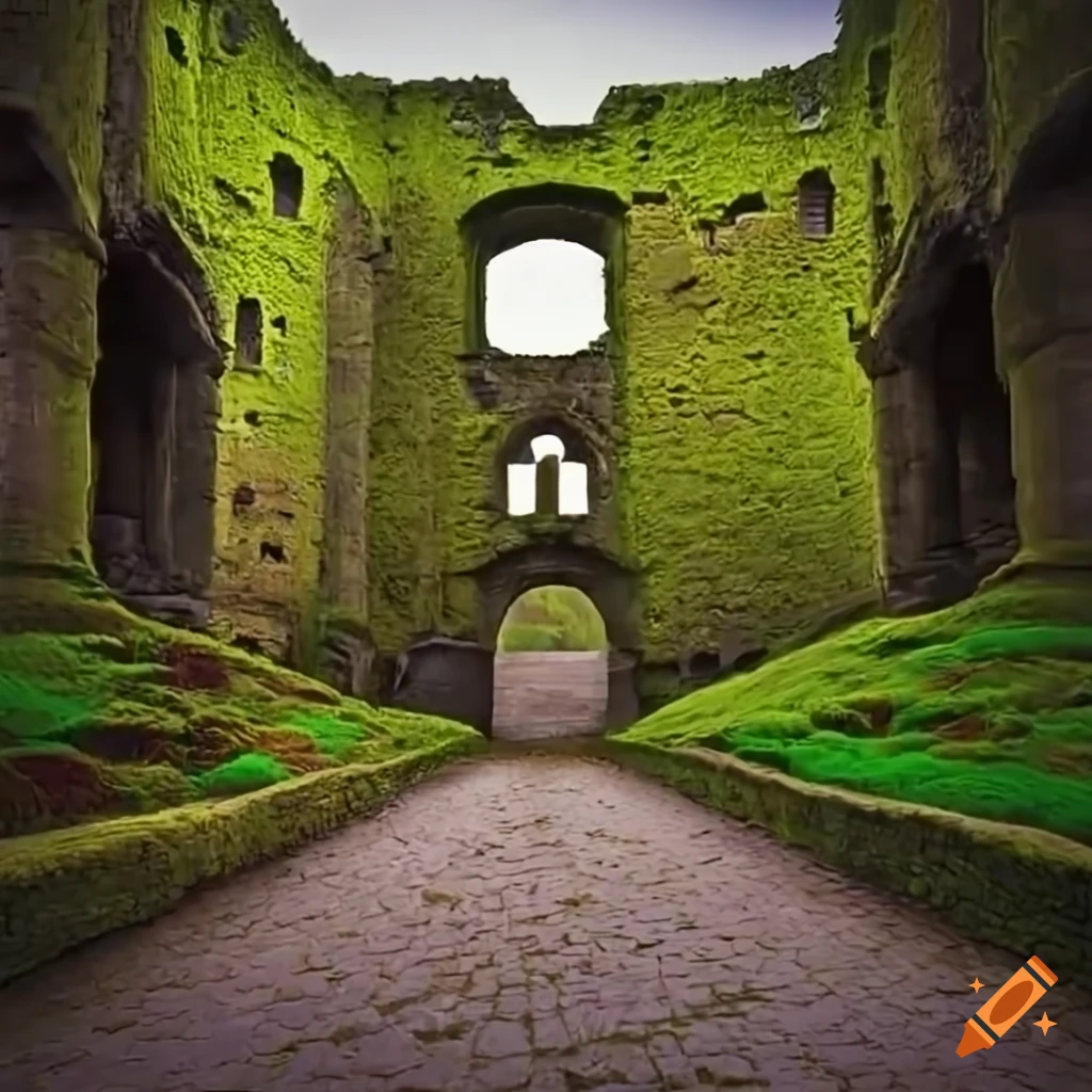An old castle in wales, garden, welsh forest, moss, paved road ...