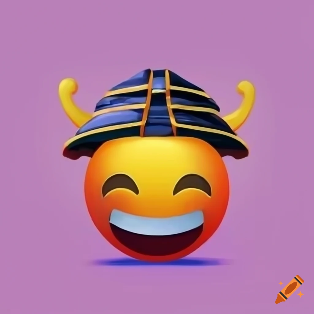Cartoony happy emoji with samurai hat on Craiyon