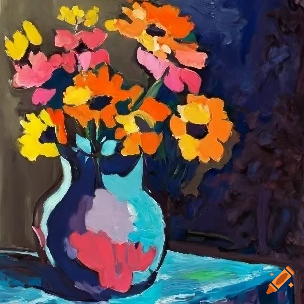 Flowers in a vase, on windowsill, fauvism painting, dark background