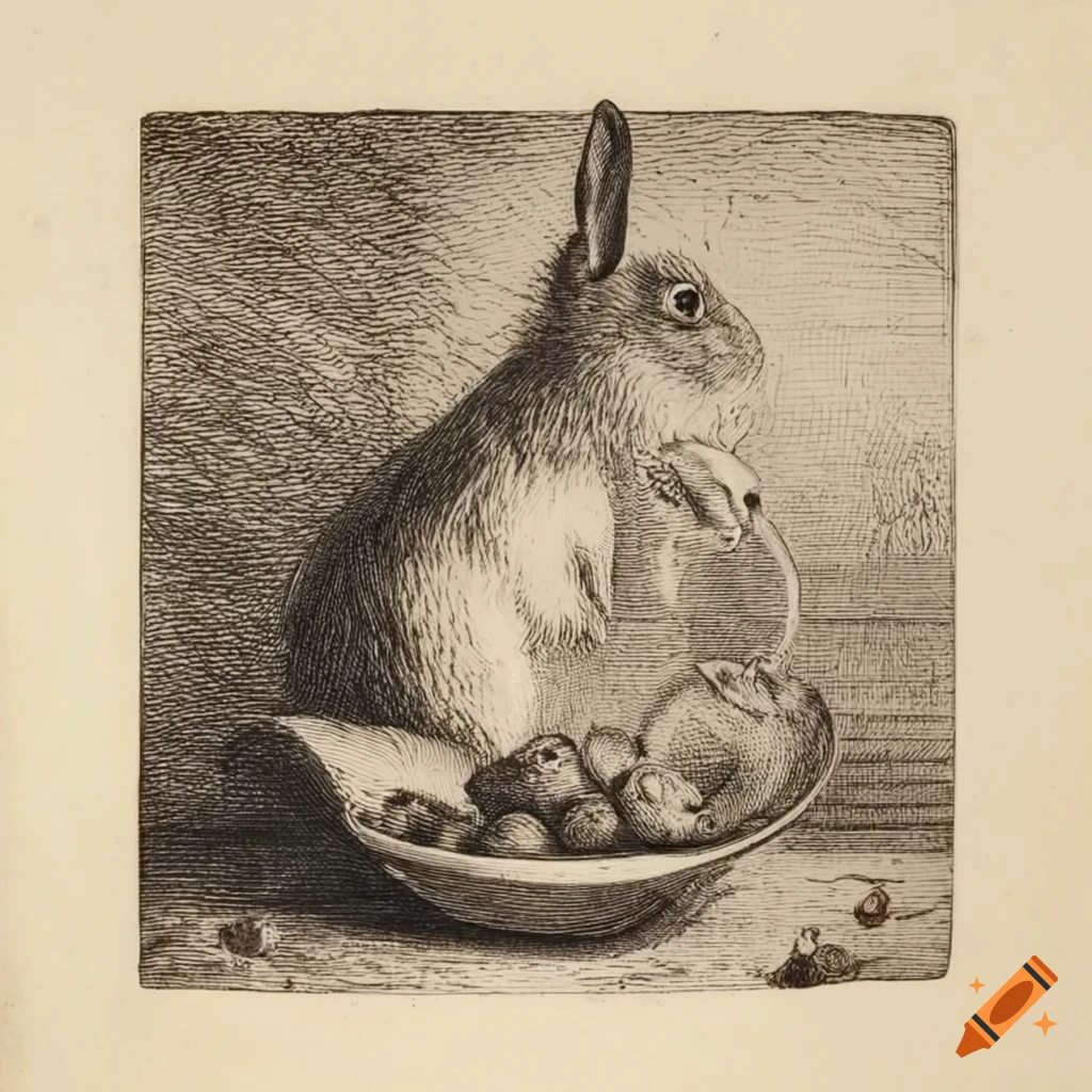 1800s still life etching of a rabbit with fruit