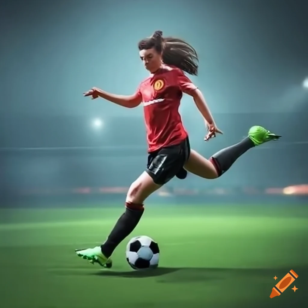 A woman playing soccer with number seven in manchester united