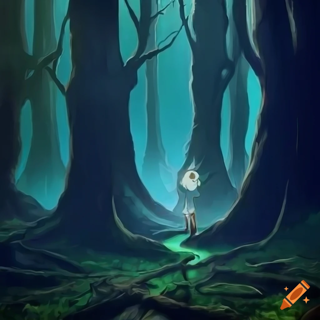 A ghibli studio style digital image of a forest spirit wandering ...