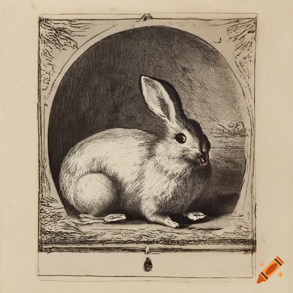 1800s still life etching of a rabbit with fruit