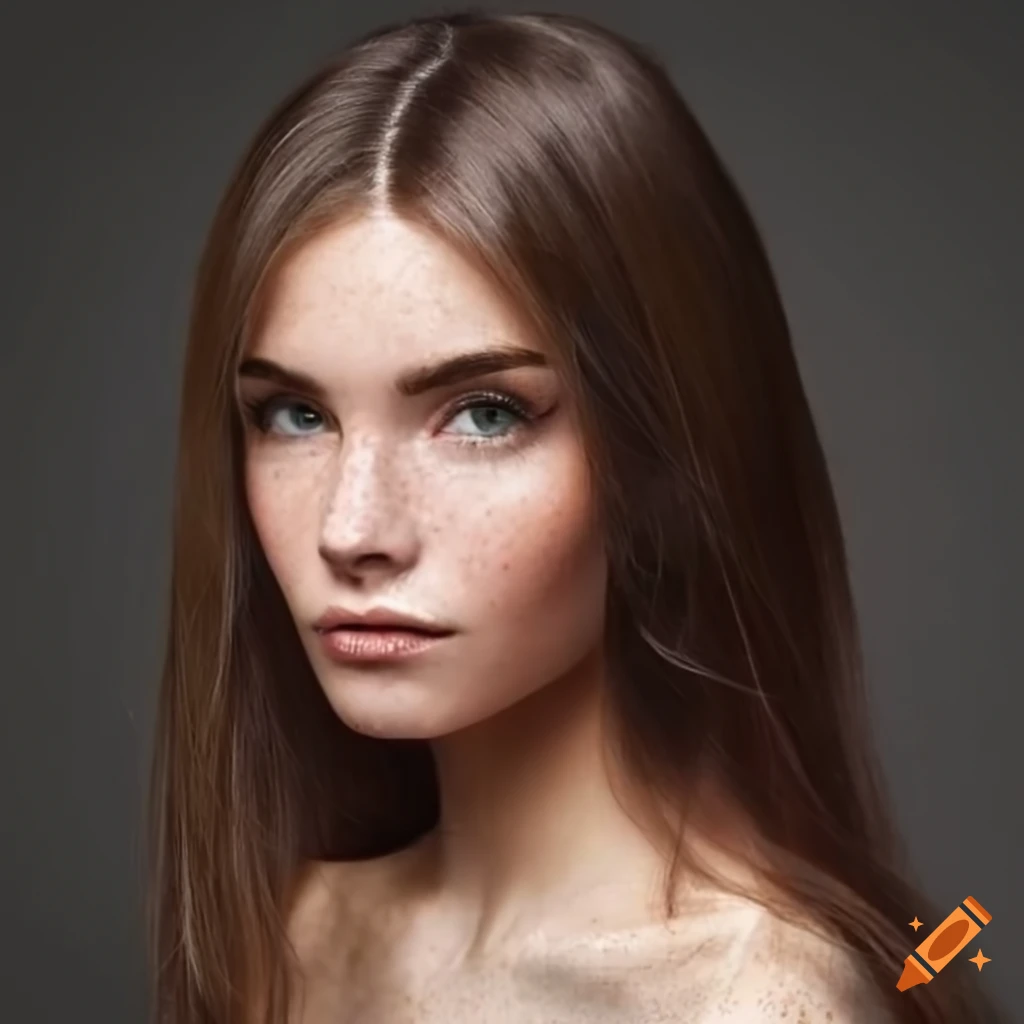 Beautiful Young Woman Shoulder Length Brown Hair Very Light Freckles On