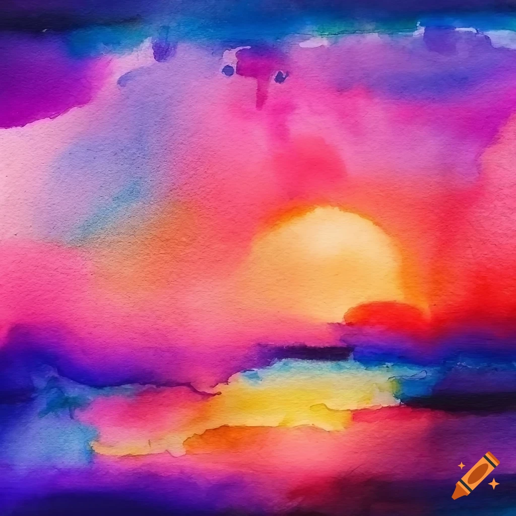 Roughly sprayed watercolor with sundown, pink and blue lights, points