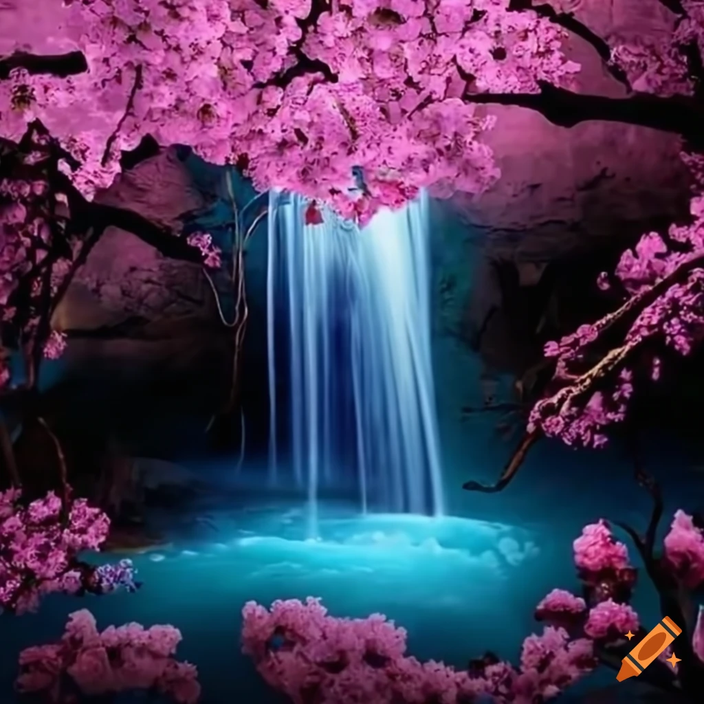 Cherry blossom waterfall with secret cave on Craiyon